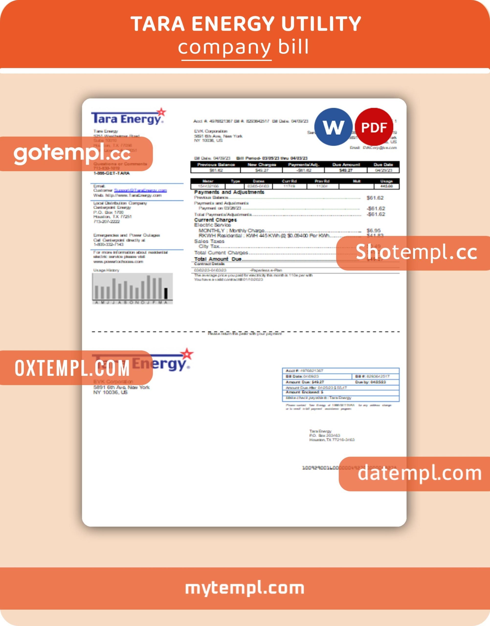 Tara Energy business utility bill, Word and PDF template