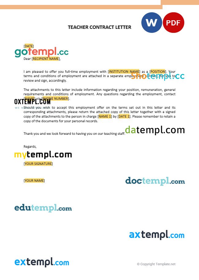 free teacher contract letter template, Word and PDF format