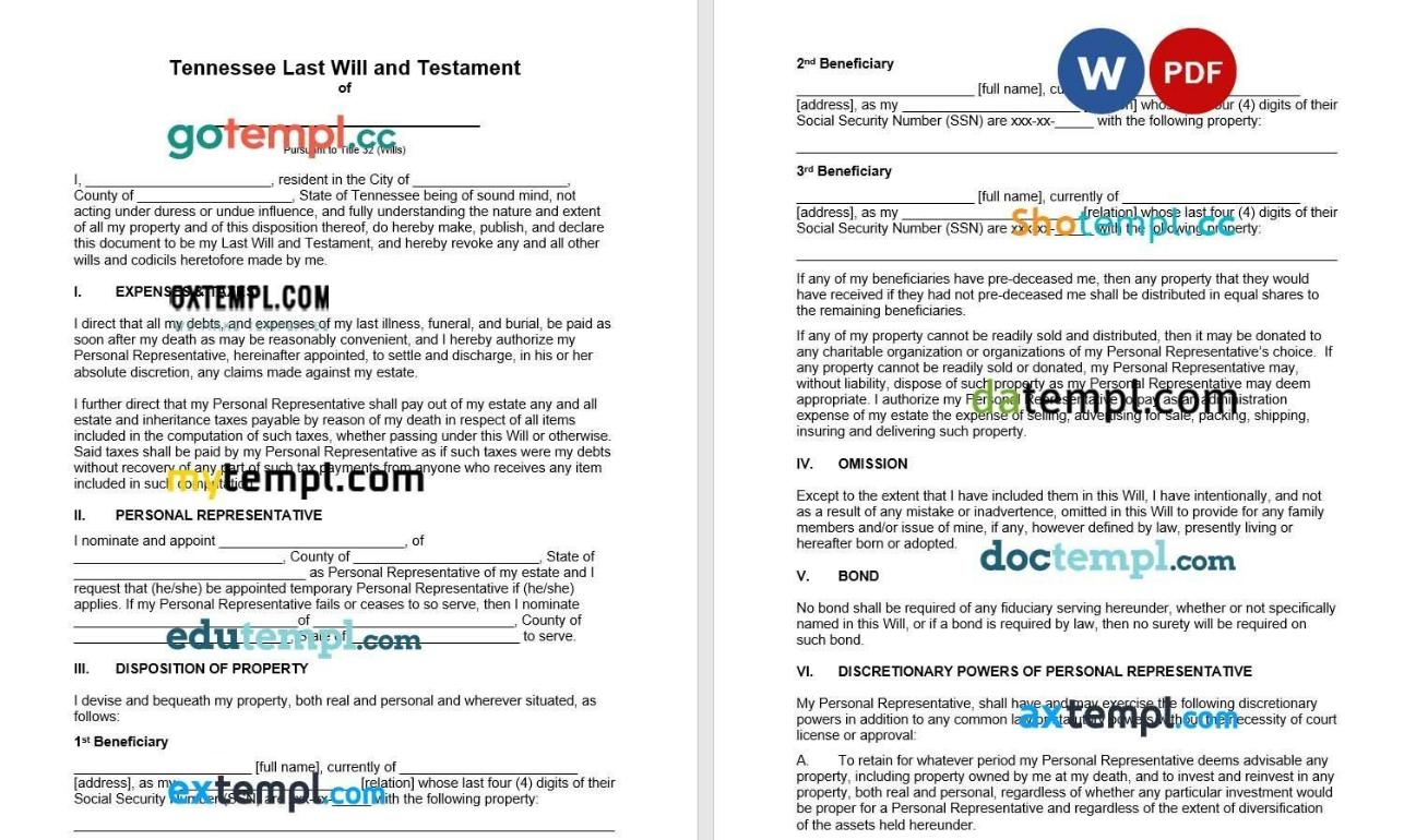 Tennessee Last Will and Testament example, fully editable