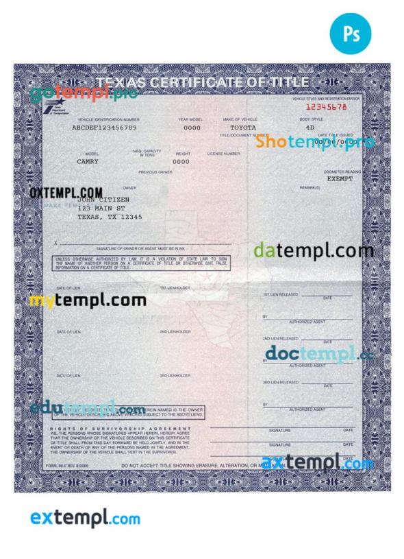 Texas certificate of title of a vehicle (car title) template in PSD ...