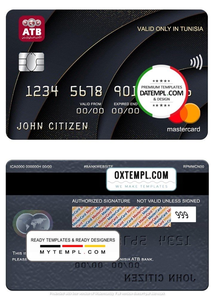Tunisia ATB bank mastercard, fully editable template in PSD format
