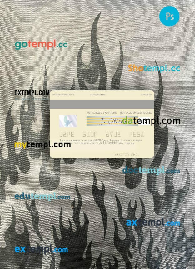 Tunisia JMMB Bank visa debit card PSD scan and photo-realistic snapshot, 2 in 1