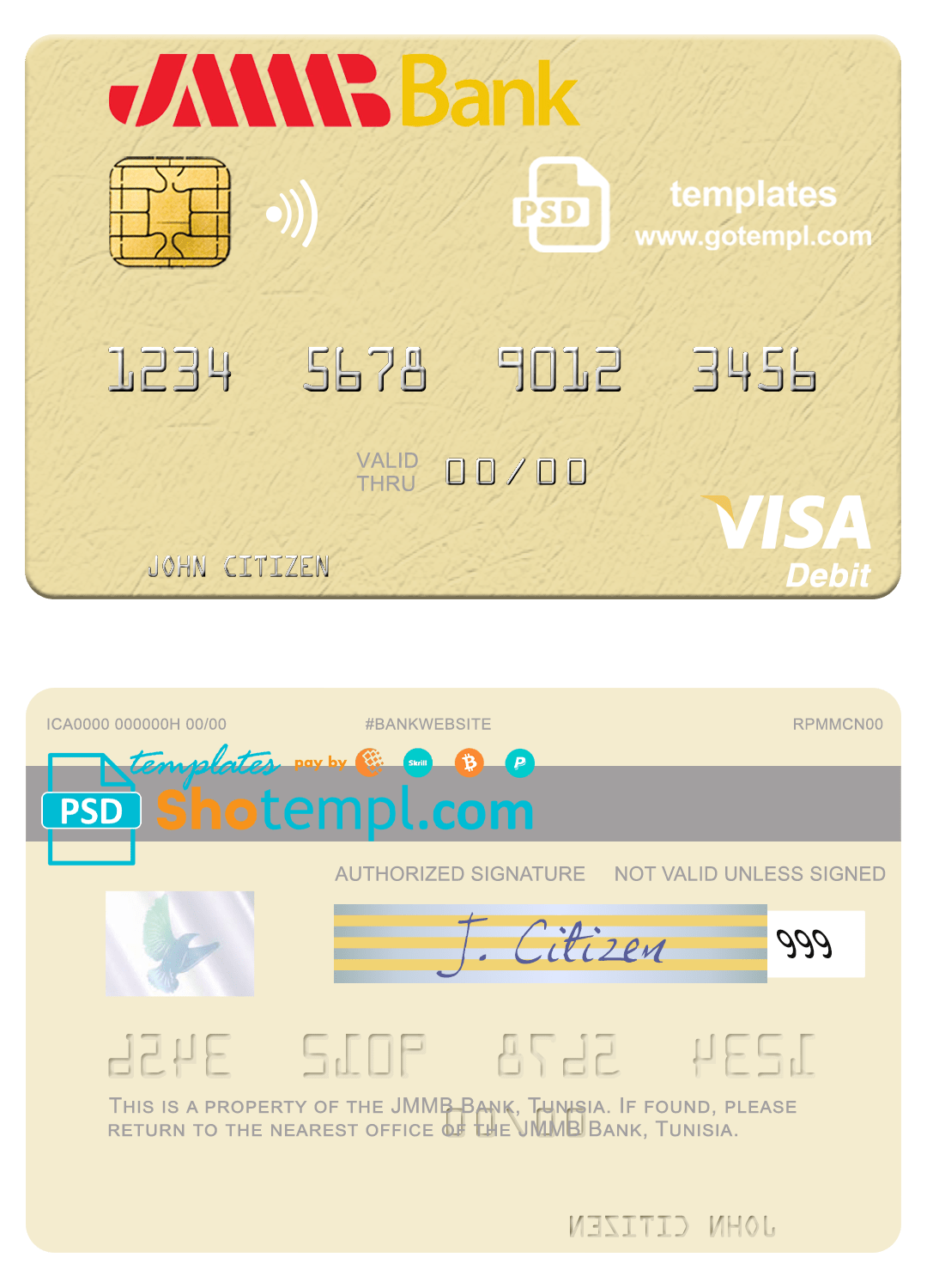 Tunisia JMMB Bank visa debit card template in PSD format