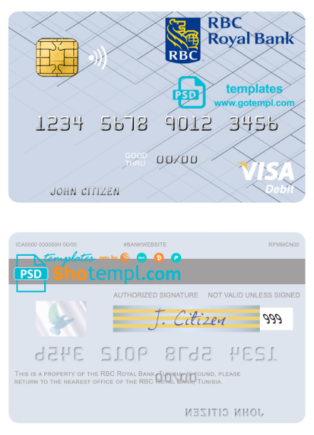 Tunisia RBC Royal Bank visa debit card template in PSD format