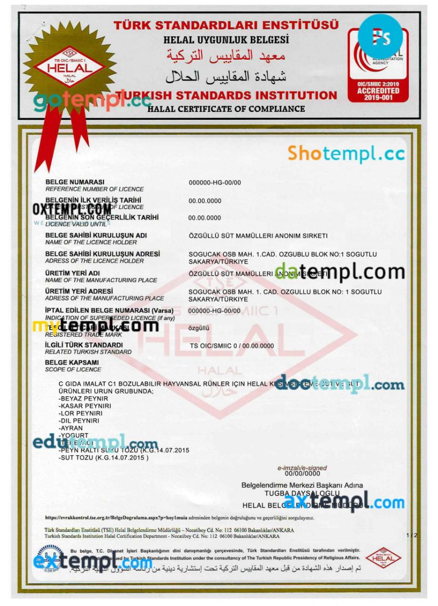 Turkish Standards Institution certificate PSD template, 2 pages ...