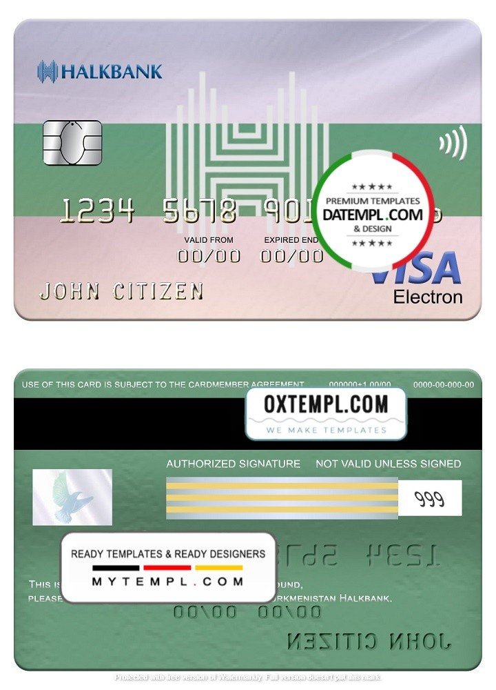 Turkmenistan Halkbank visa electron card, fully editable template in ...