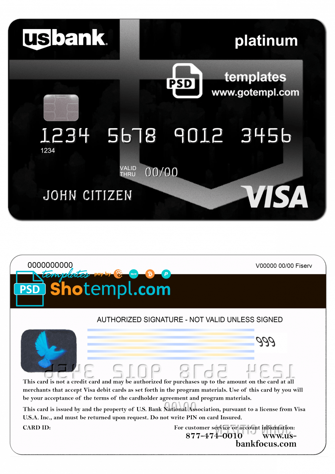 USA U.S. Bank visa card template in PSD format, fully editable