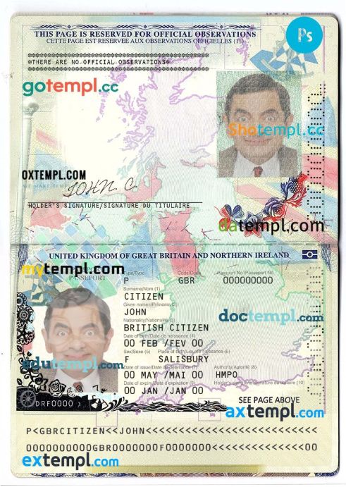 United Kingdom of Great Britain passport editable PSD files, scan and ...