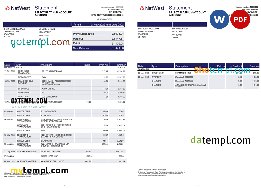 United Kingdom NatWest bank statement, Word and PDF template, 2 pages ...