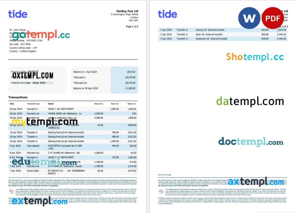 United Kingdom Tide bank statement Word and PDF template,3 pages