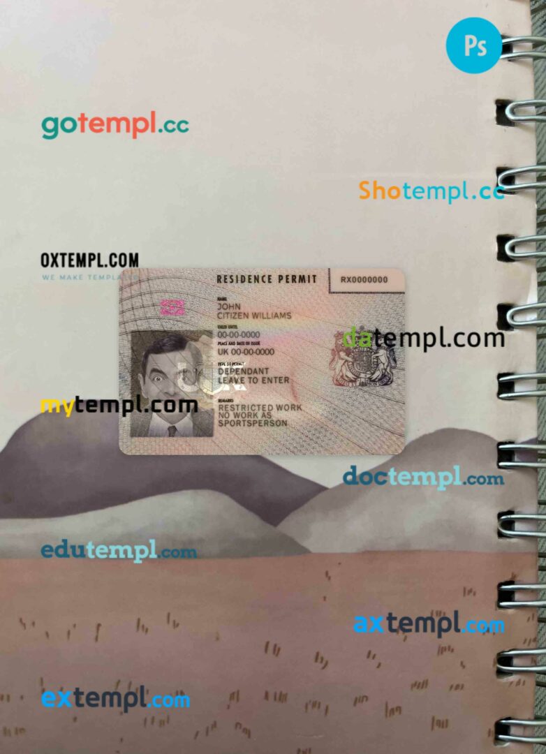 United Kingdom residence permit editable PSDs, scan and photo-realistic ...