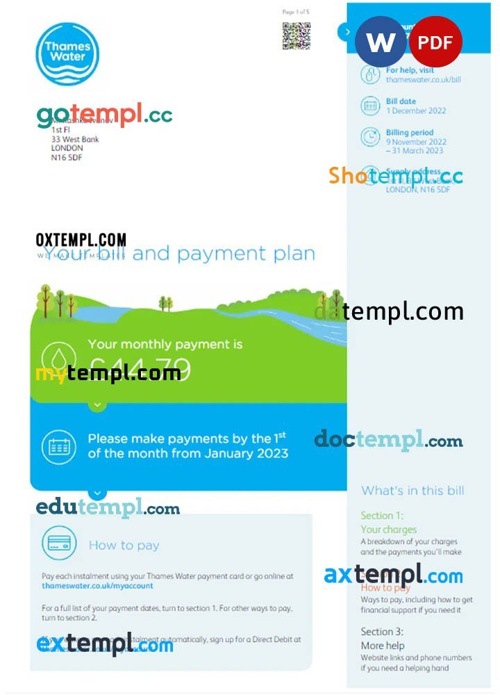 United Kingdom Thames Water utility bill Word and PDF template, version 3