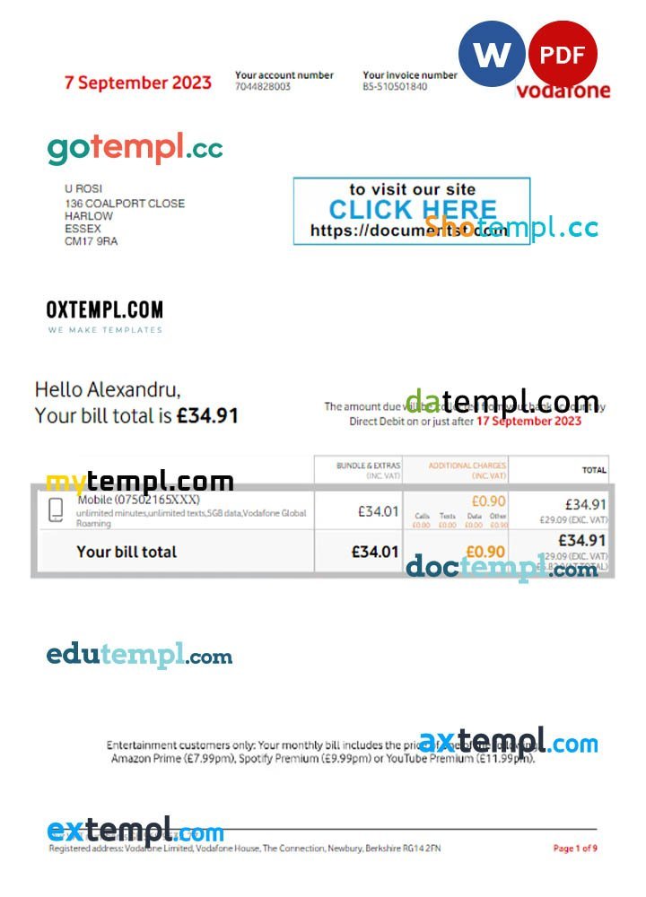 United Kingdom Vodafone utility bill Word and PDF template