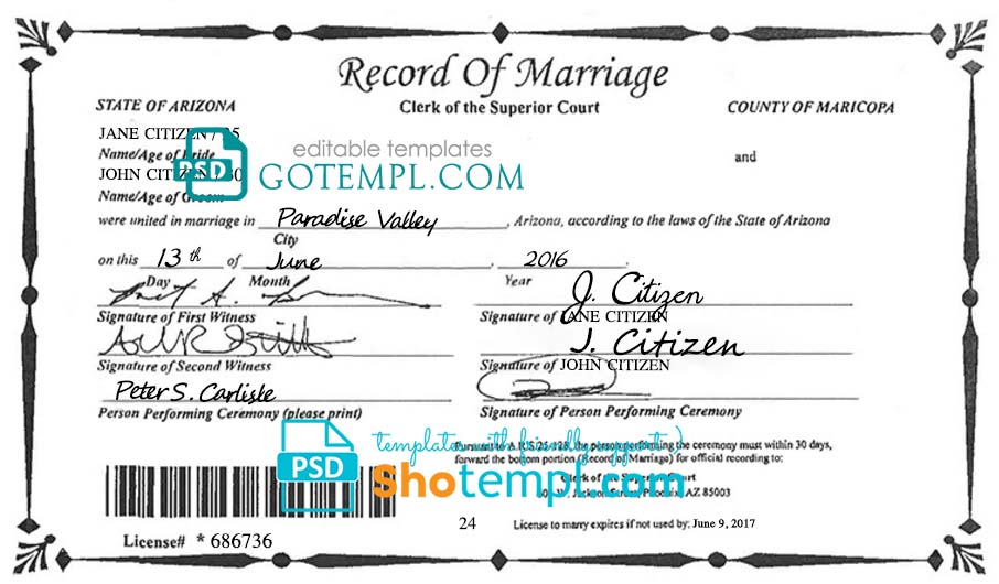 USA Arizona state marriage certificate template in PSD format – gotempl.cc