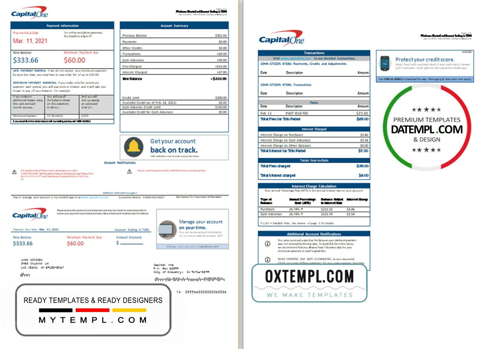 USA Capital One bank statement template in Excel and PDF format (2 pages) version 3