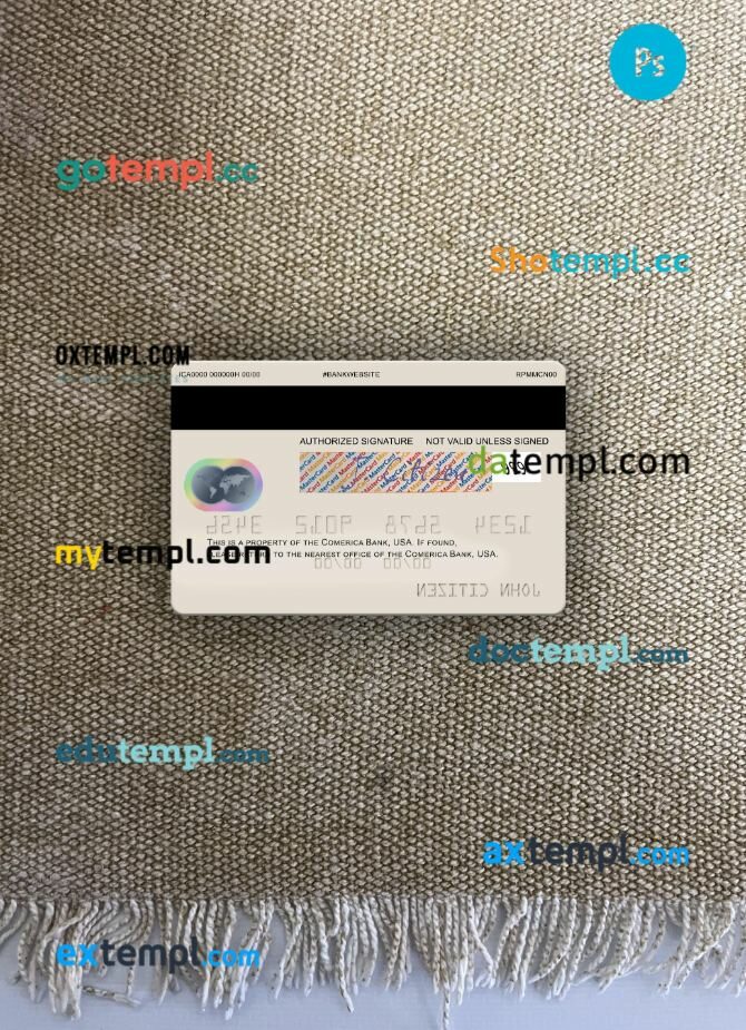 USA Comerica Bank mastercard PSD scan and photo-realistic snapshot, 2 in 1