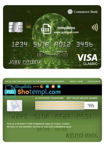 USA Commerce bank visa classic card fully editable template in PSD format