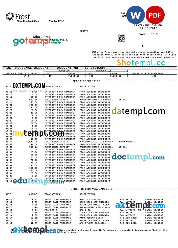 USA Frost bank statement Word and PDF template