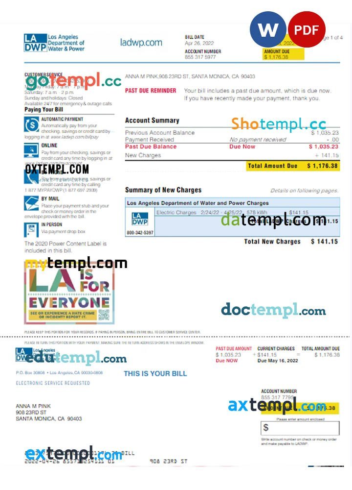 USA LA DWP utility bill Word and PDF template