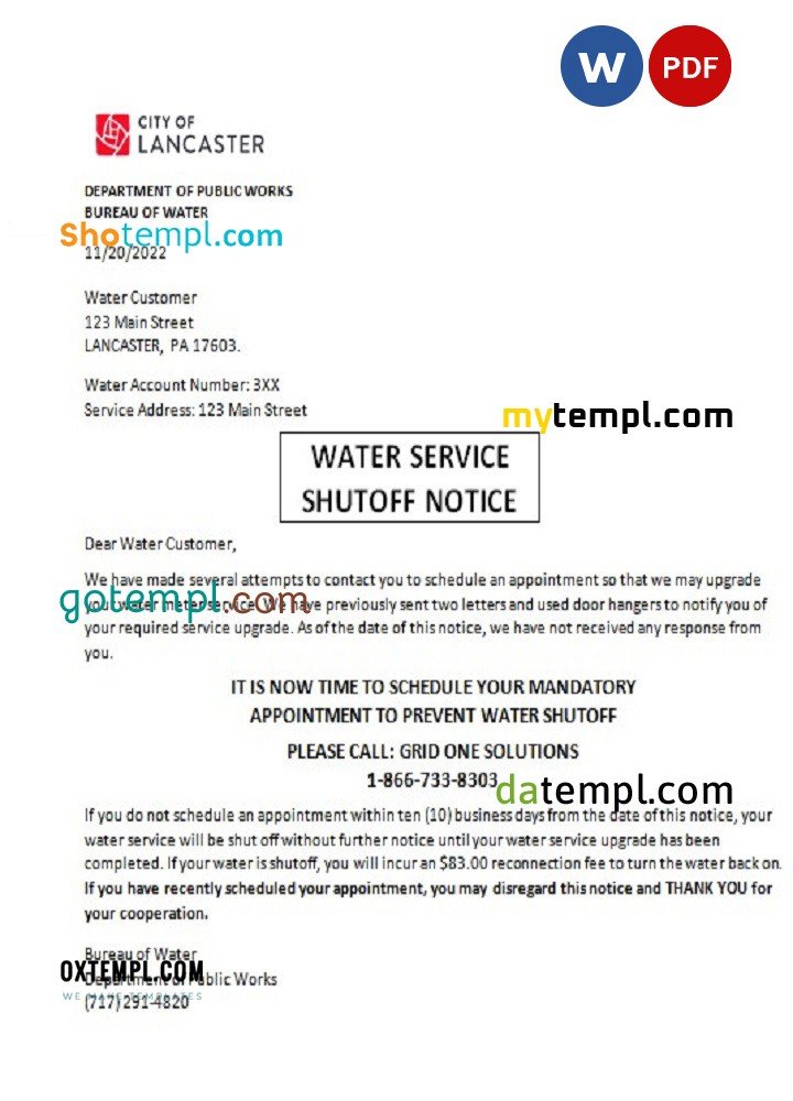 USA Lancaster Water service utility bill shutoff notice, Word and PDF ...