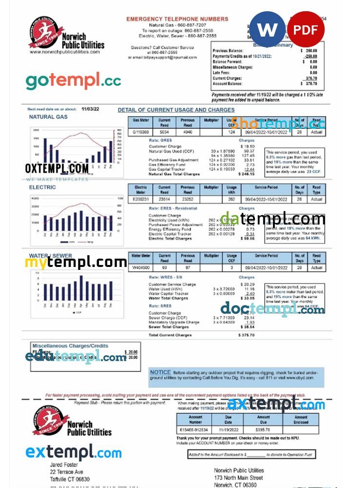 USA NORWICH PUBLIC UTILITIES utility bill Word and PDF template