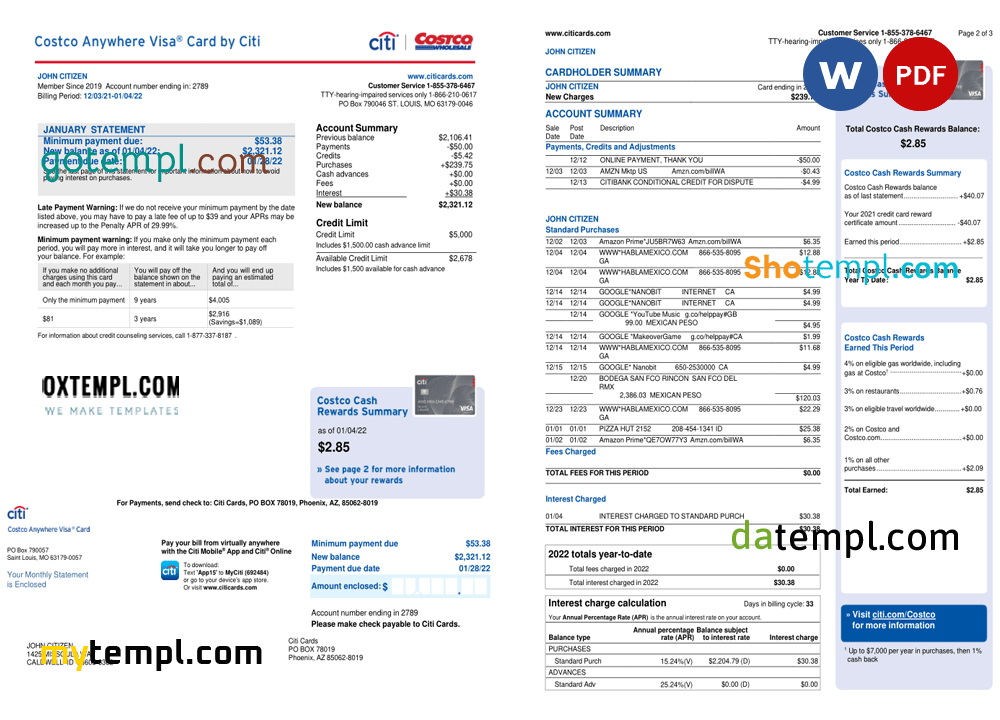USA Costco Anywhere Visa Card by Citi bank statement, Word and PDF ...