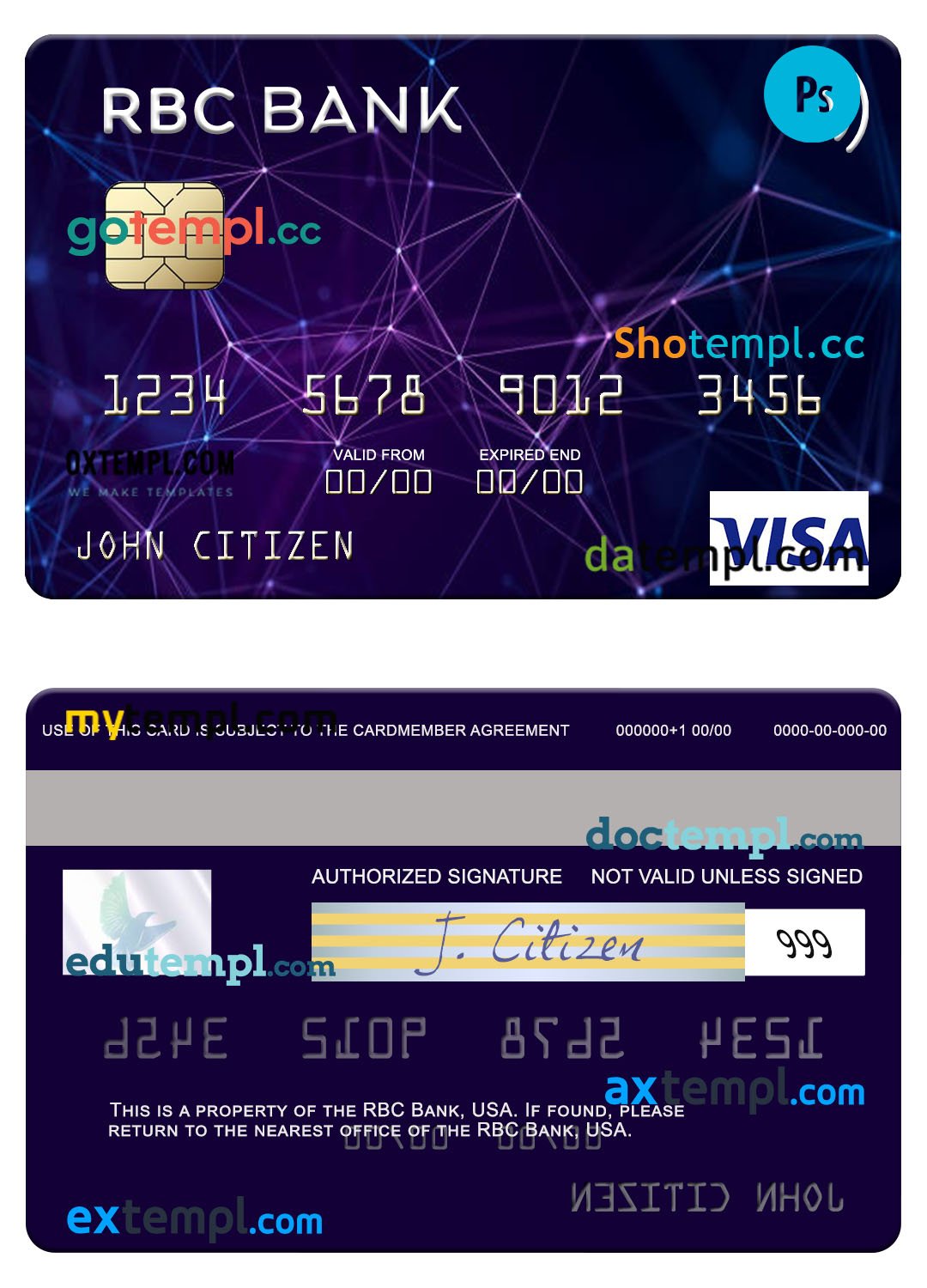 USA RBC Bank visa card template in PSD format