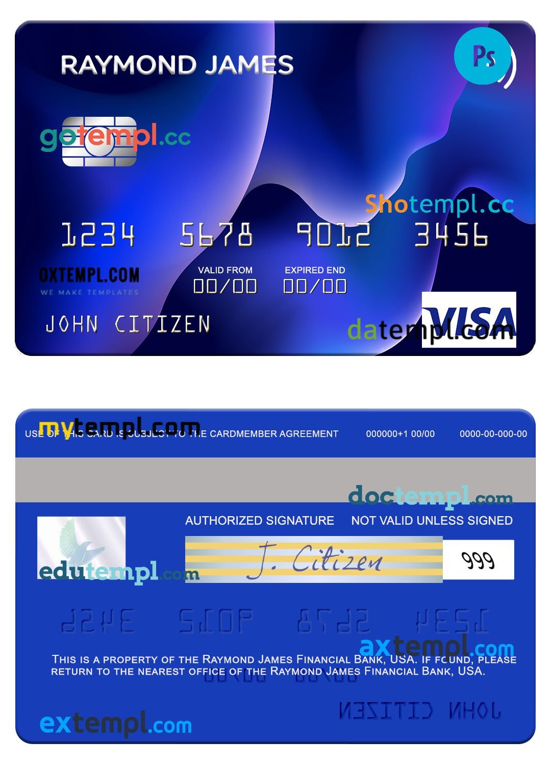 USA Raymond James Financial Bank visa card template in PSD format