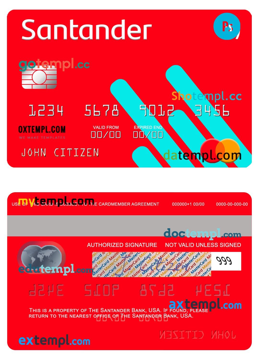 USA Santander Bank mastercard template in PSD format