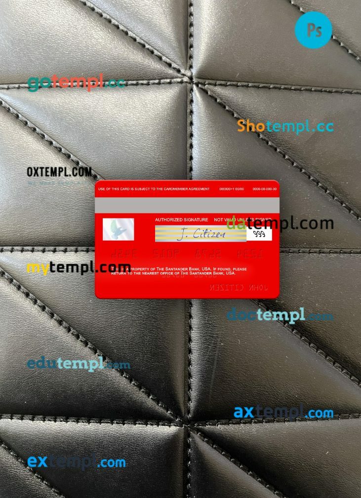 USA Santander Bank visa card PSD scan and photo-realistic snapshot, 2 in 1