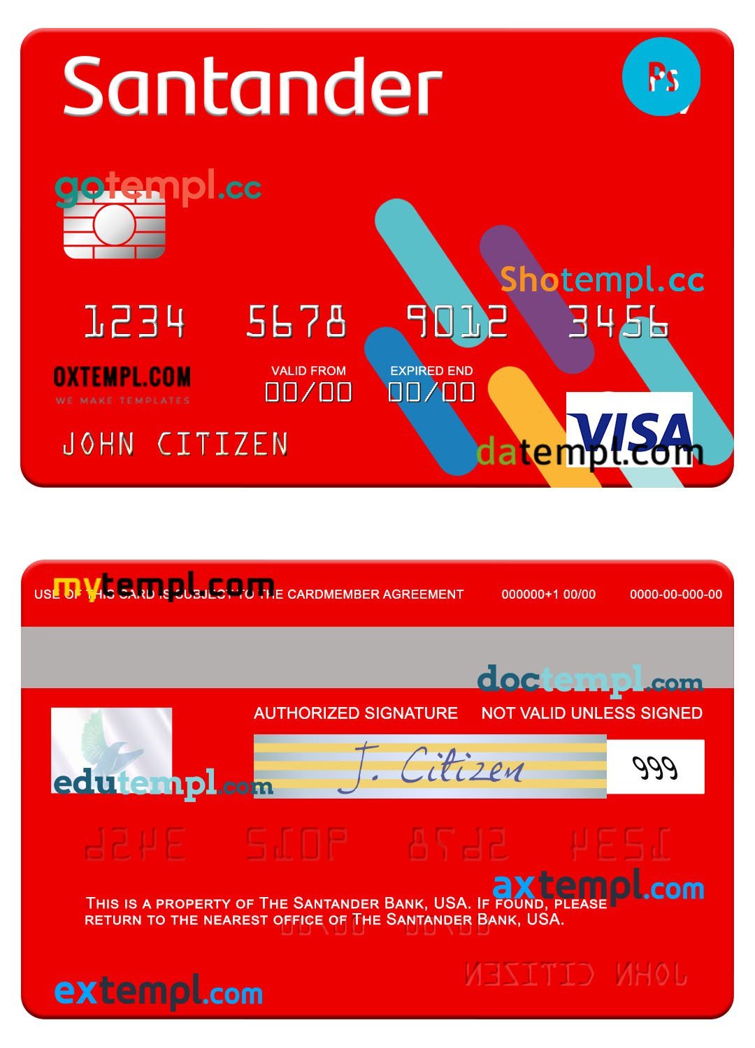 USA Santander Bank visa card template in PSD format