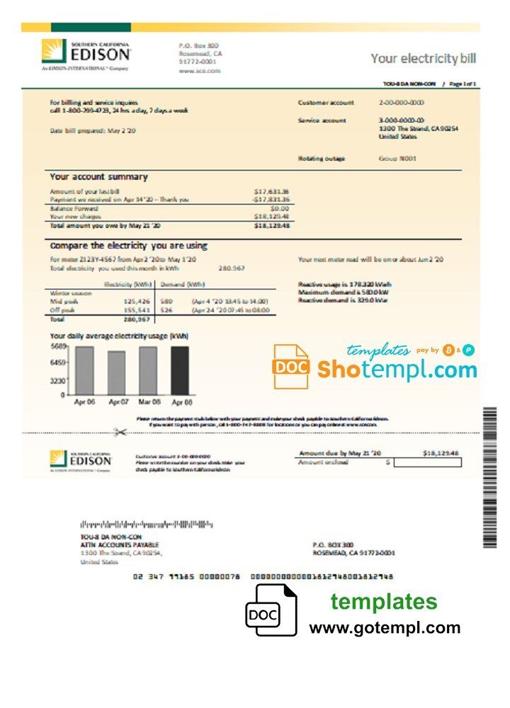 USA Southern California Edison utility bill template in Word and PDF format