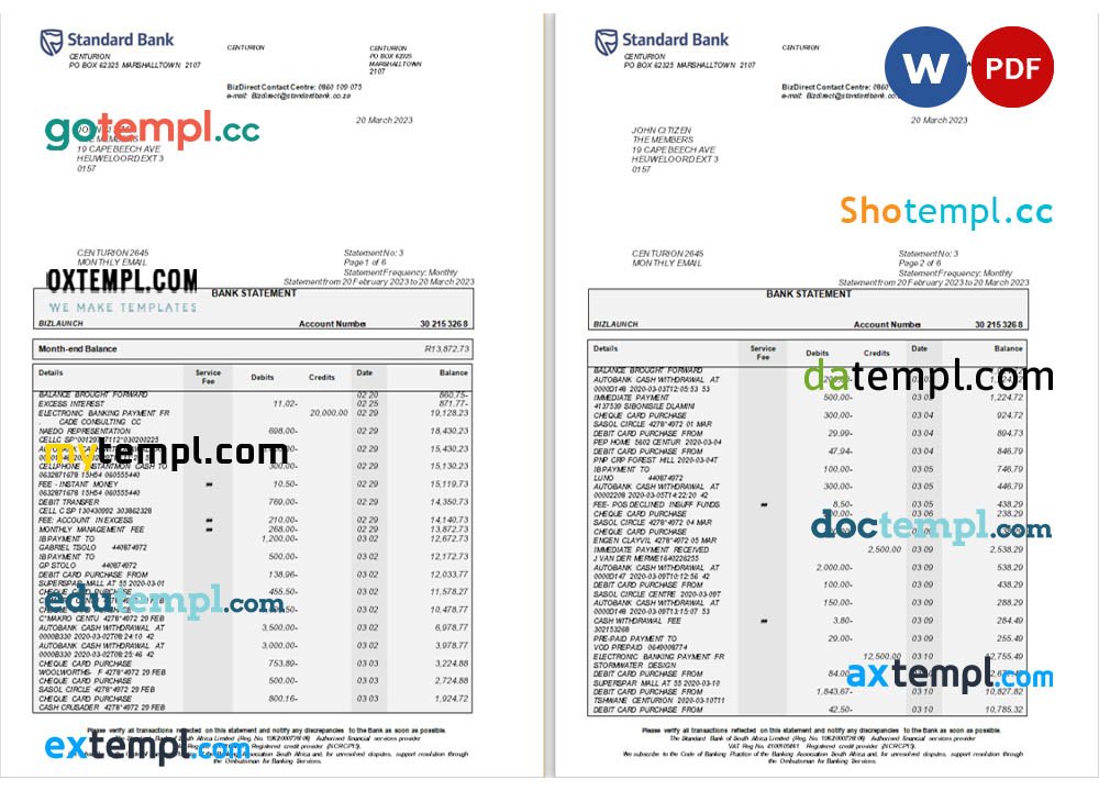USA Standard Bank statement Word and PDF template, 6 pages