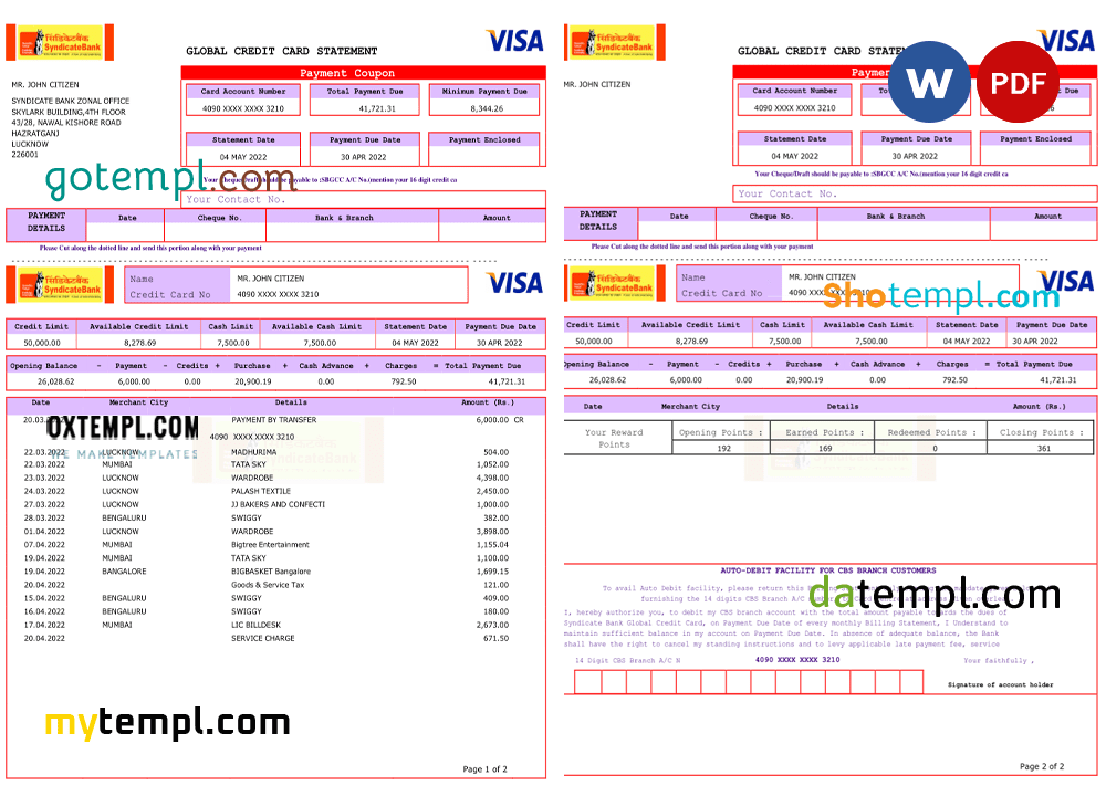 USA Syndicate bank credit card statement, Word and PDF template, 3 pages