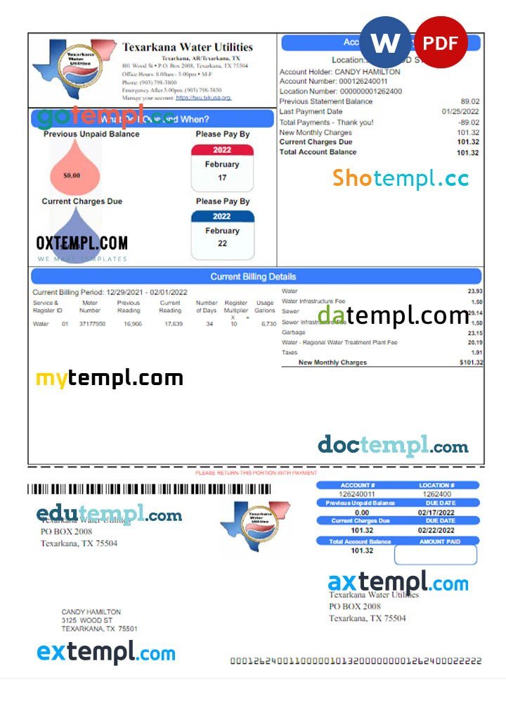 USA TEXARKANA WATER UTILITIES utility bill Word and PDF template