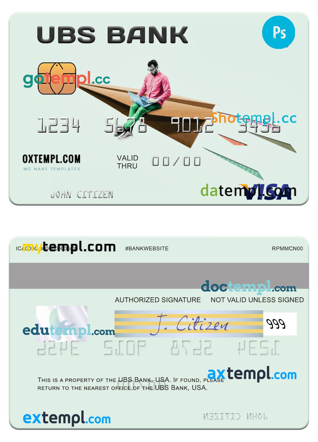 USA UBS Bank visa card template in PSD format
