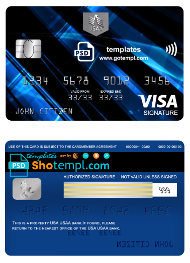 USA USAA bank visa signature card, fully editable template in PSD format