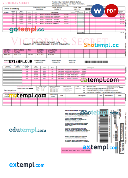 USA Victoria’s Secret invoice template Word and PDF template, fully ...