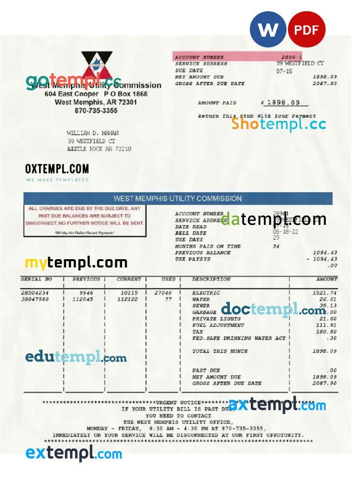 USA West Memphis utility commission utility bill Word and PDF template