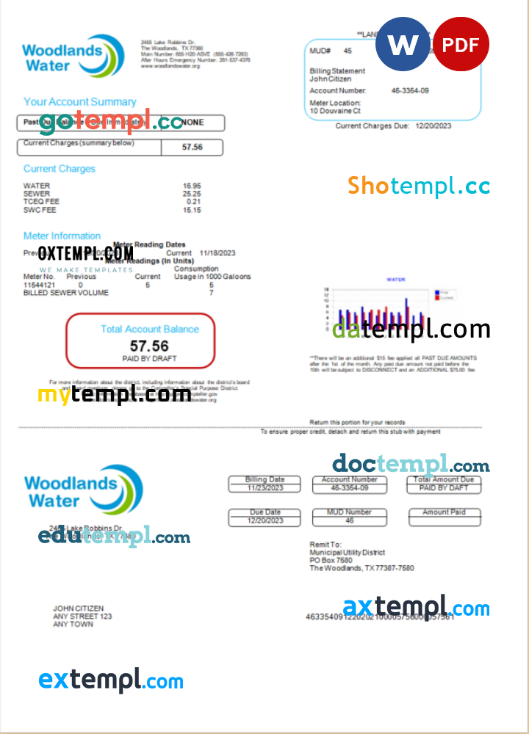 USA Woodlands water utility bill Word and PDF template