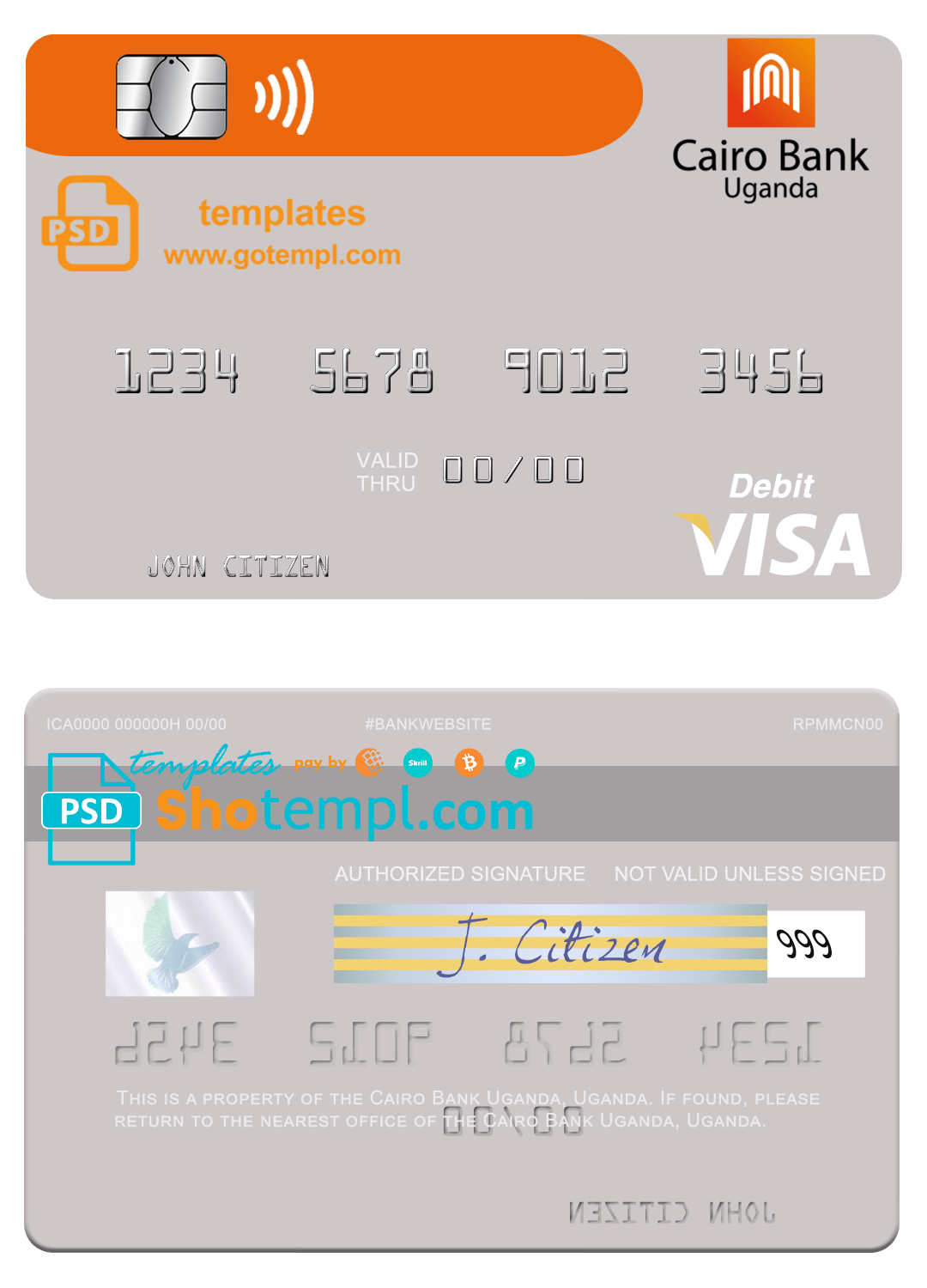 Uganda Cairo Bank Uganda visa debit card template in PSD format