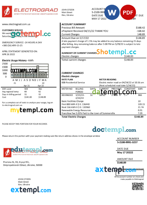 Ukraine Elektrograd electricity utility bill template in Word and PDF ...