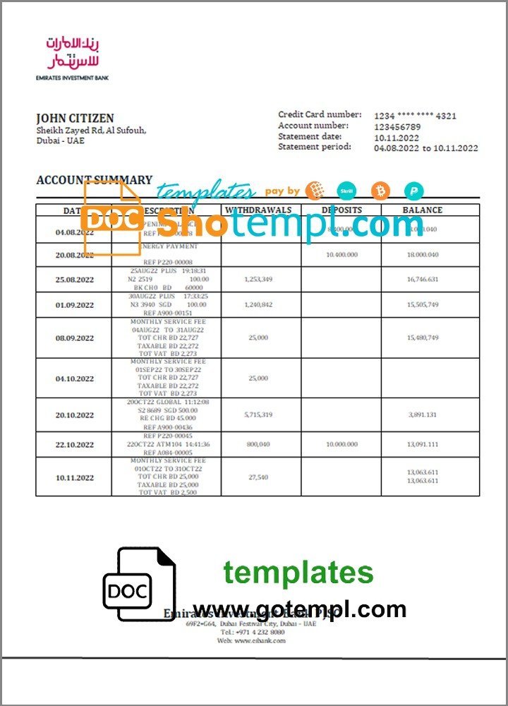 United Arab Emirates Investment Bank statement template in Word and PDF ...