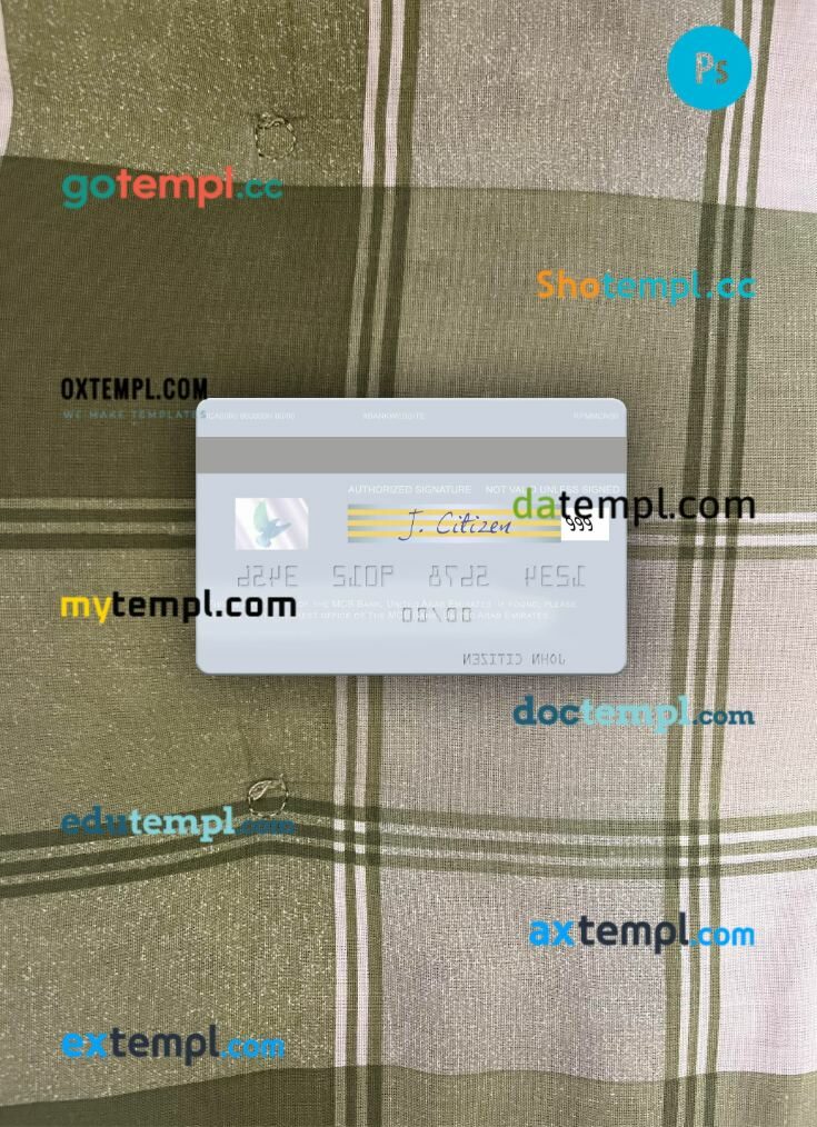 United Arab Emirates MCB Bank visa debit card PSD scan and photo ...