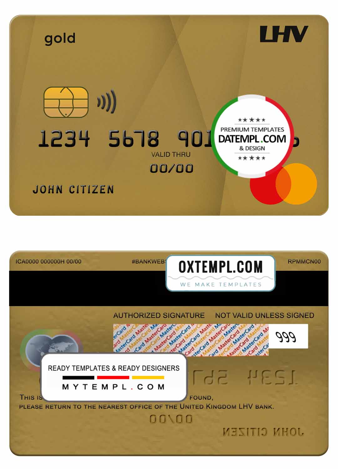 United Kingdom LHV bank mastercard gold credit card template in PSD format