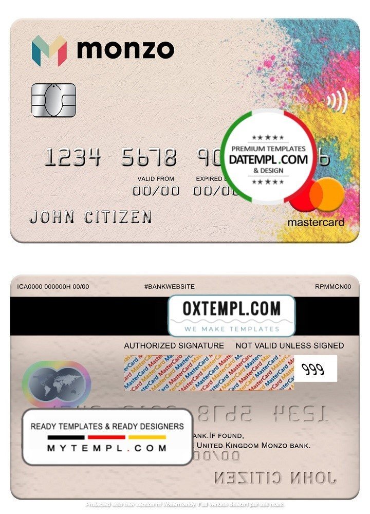 United Kingdom Monzo bank mastercard, fully editable template in PSD format