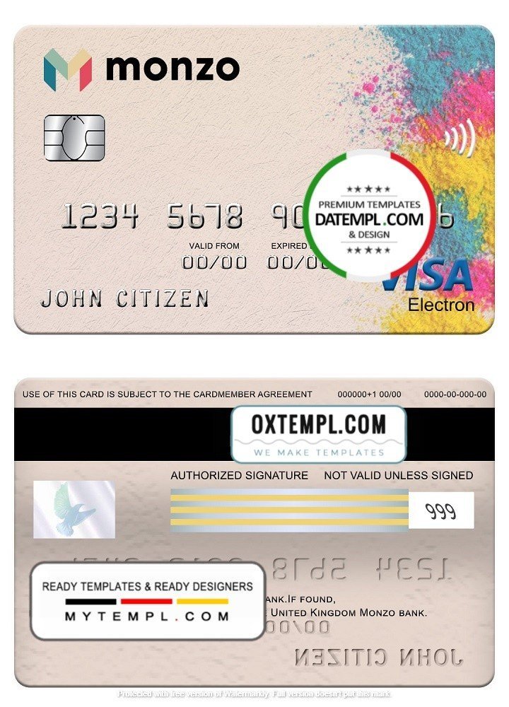 United Kingdom Monzo bank visa electron card, fully editable template ...