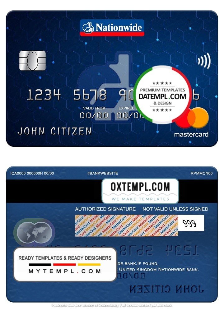 United Kingdom Nationwide bank mastercard, fully editable template in ...