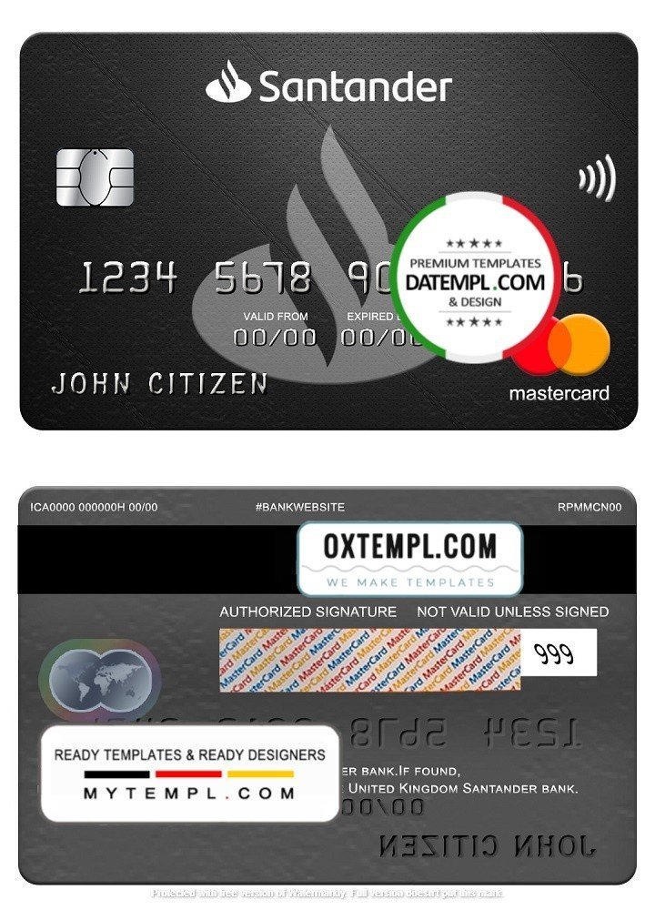 United Kingdom Santander bank mastercard, fully editable template in ...