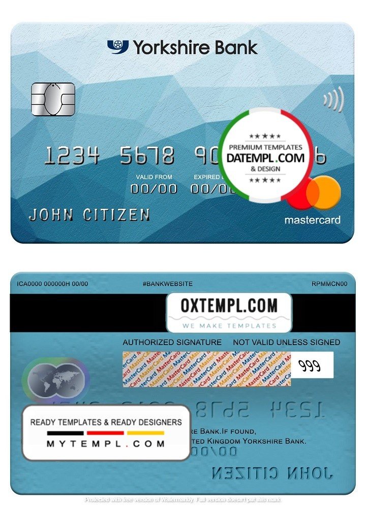 United Kingdom Yorkshire Bank mastercard, fully editable template in ...